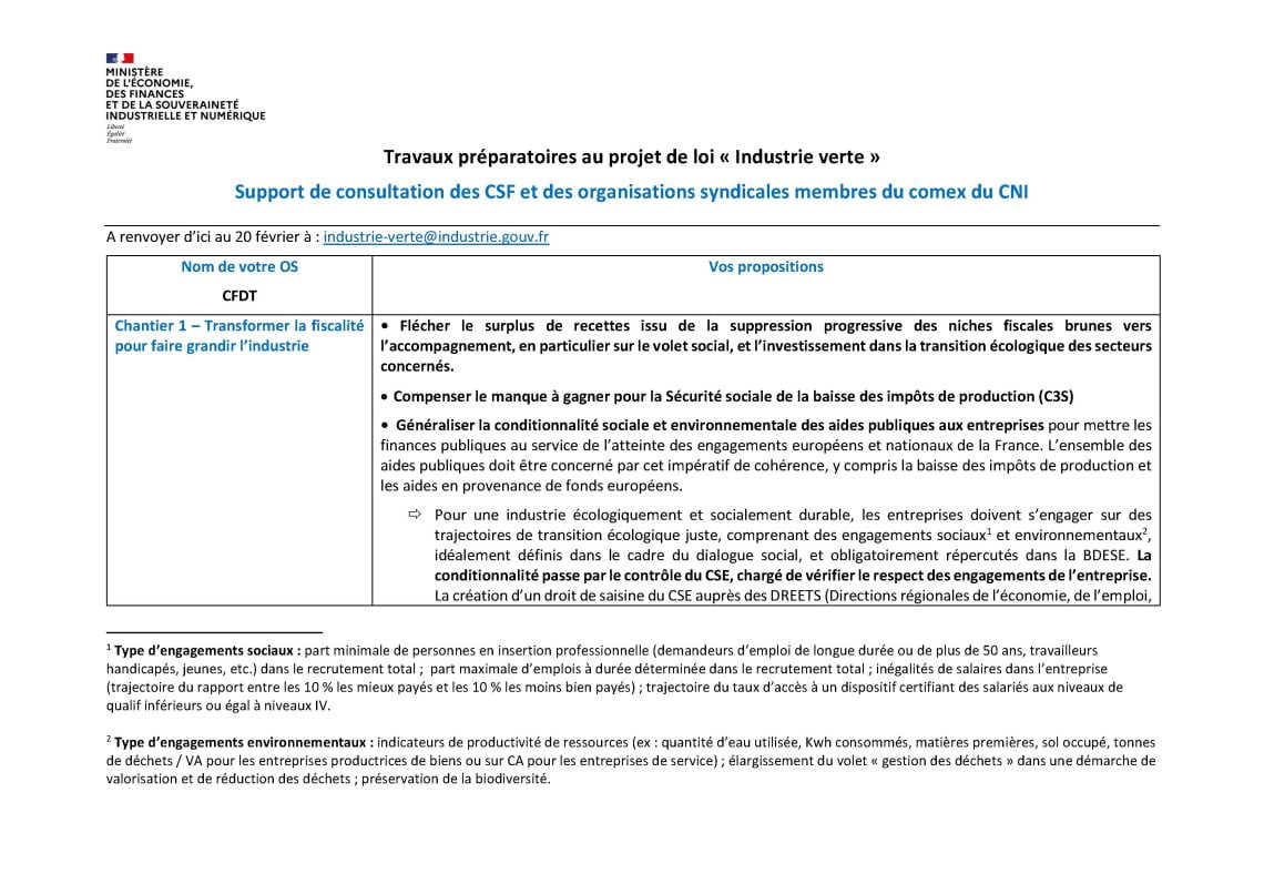 Propositions CFDT projet loi industrie verte fevrier 2023 | CFDT FGMM
